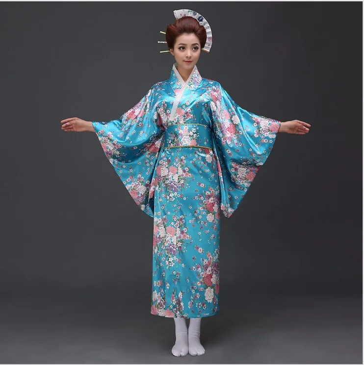 Sale Blue Japanese Satin Yukata With Obi Sexy Women's NEW Fashion ...