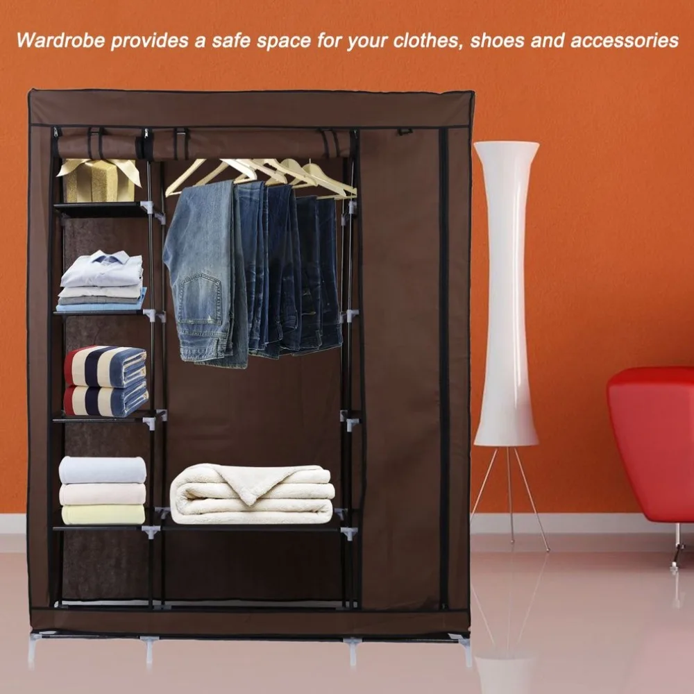 Portable DIY Canvas Wardrobe Bedroom Clothes Closet With Hanging Rail ...