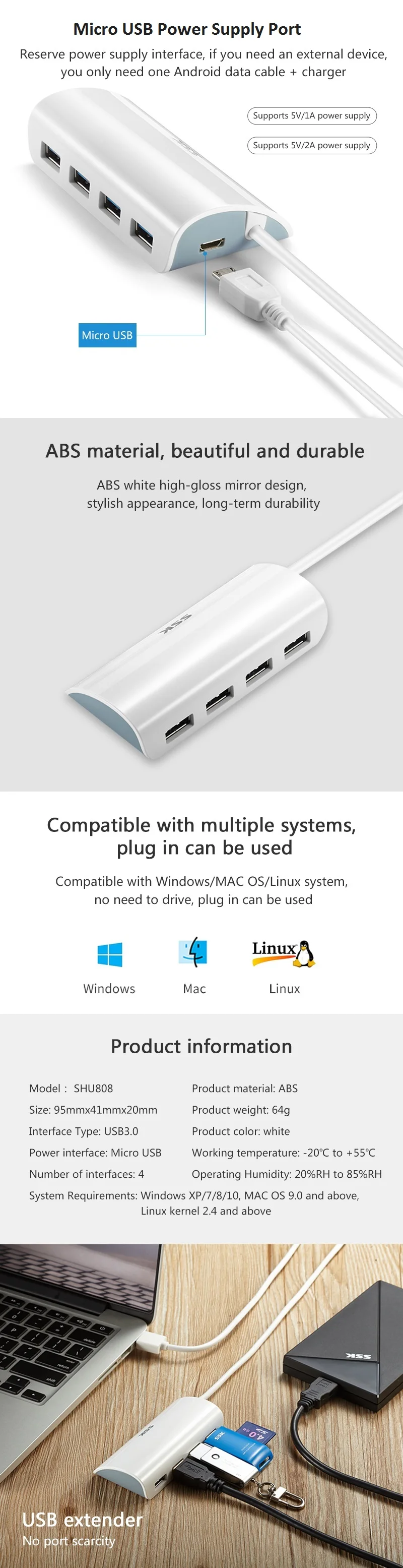 ph&co | PC Depot. SSK USB3.0 4 PORT USB HUB 1METER WHITE SHU808