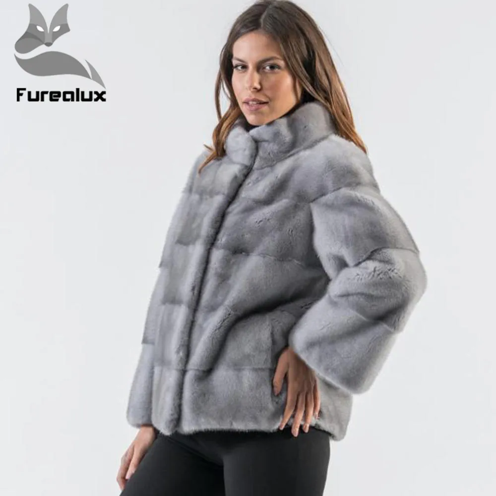 Furealux настоящая норковая Меховая куртка стоячий воротник короткие натуральные норковые