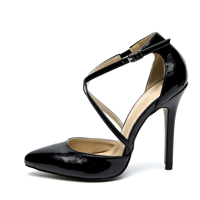Black Mirror Leather Pointed Toe Pumps Cross Strap Stiletto Heel Dress ...