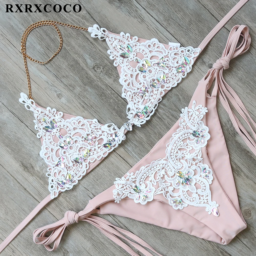 Rxrxcoco New Sexy Lace Bikini Set Diamond Swimsuit Crystal Swimwear