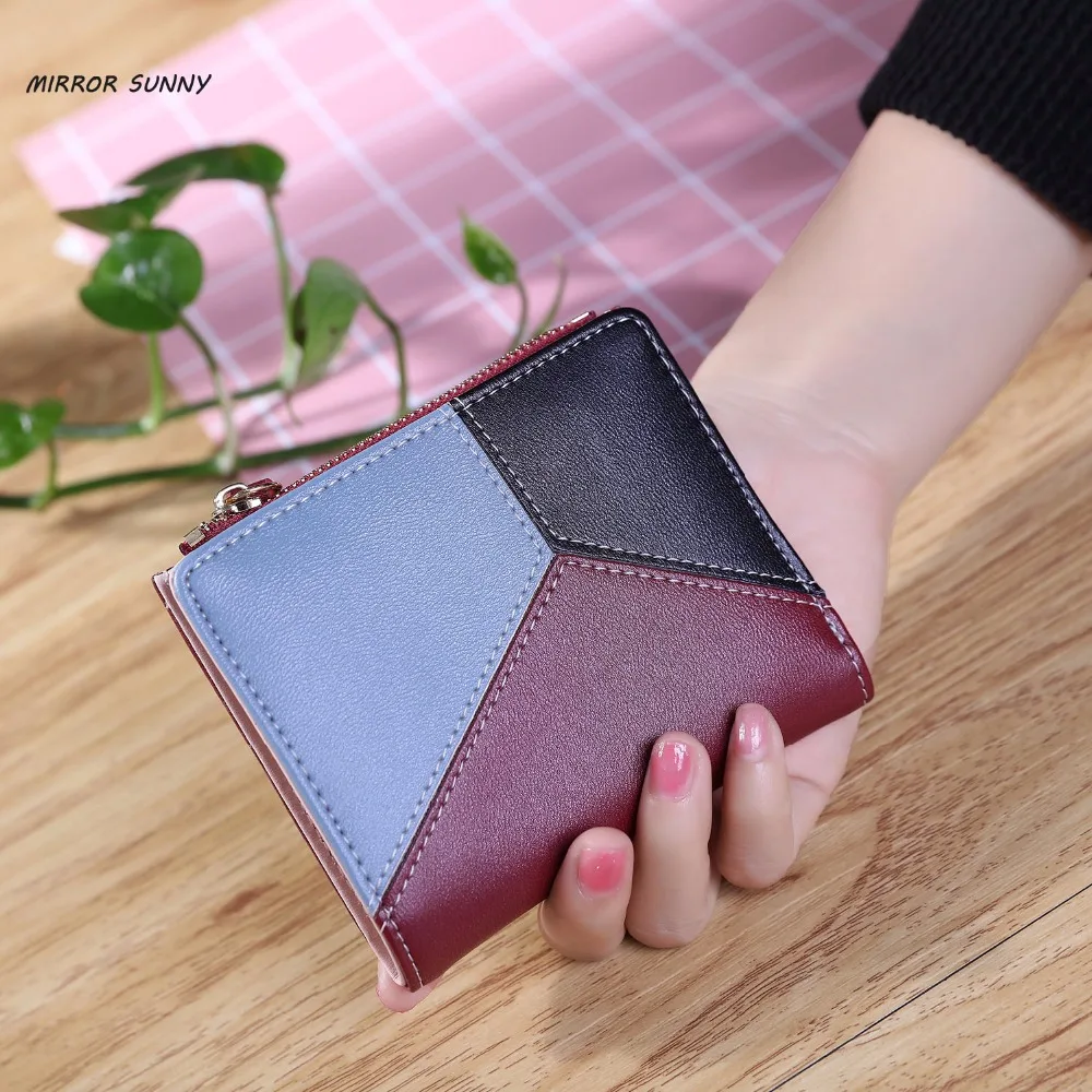 MIRROR SUNNY Fashion PU patchwork women short wallet female zipper ...