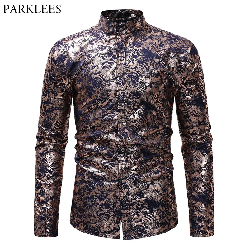 Paisley Floral Print Mens Shirt Geek Metallic Copper Golden Shirt Men