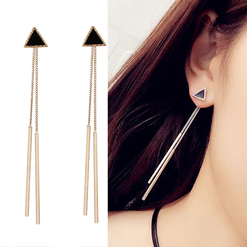 Korea Geometris Segitiga Rumbai Panjang Bar Drop Anting Anting untuk ...