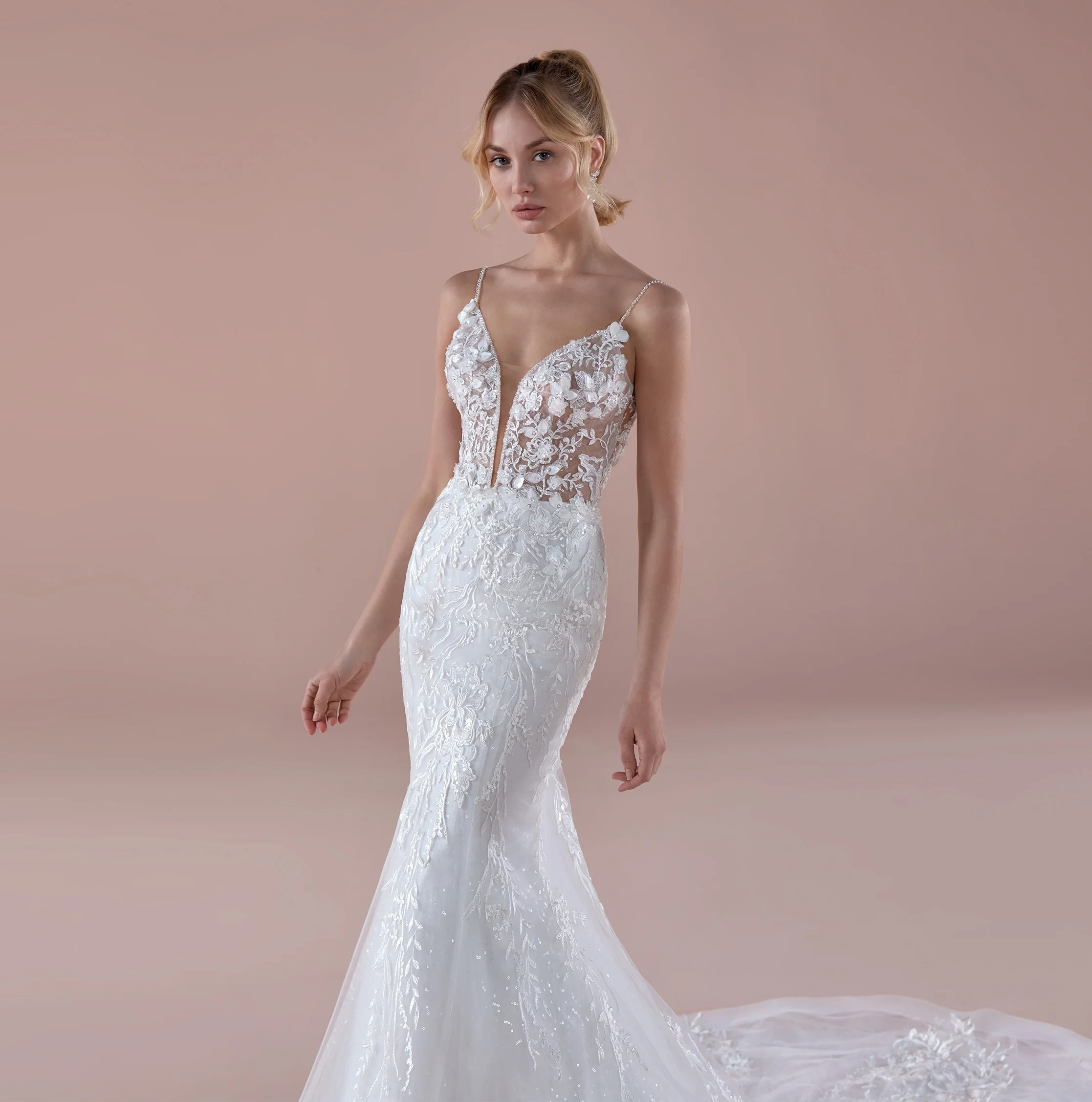 Eslieb High End Custom Made Mermaid V Neck Wedding Dress 2019