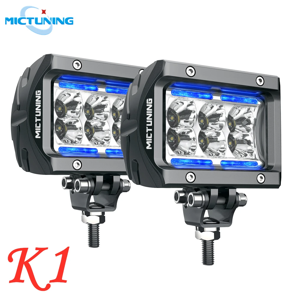 Mictuning 자동차 스포트라이트안개등 방지 4 인치 18w Led 작업등 스트립 아이스 블루 엠비언트 조명 오프로드 Suv Utv 트럭용 2 팩라이트 바수월한