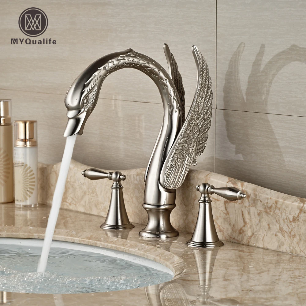 Luxury Nickel Brushed Swan Bathroom Sink Faucet Deck Mount Dual Handle ...