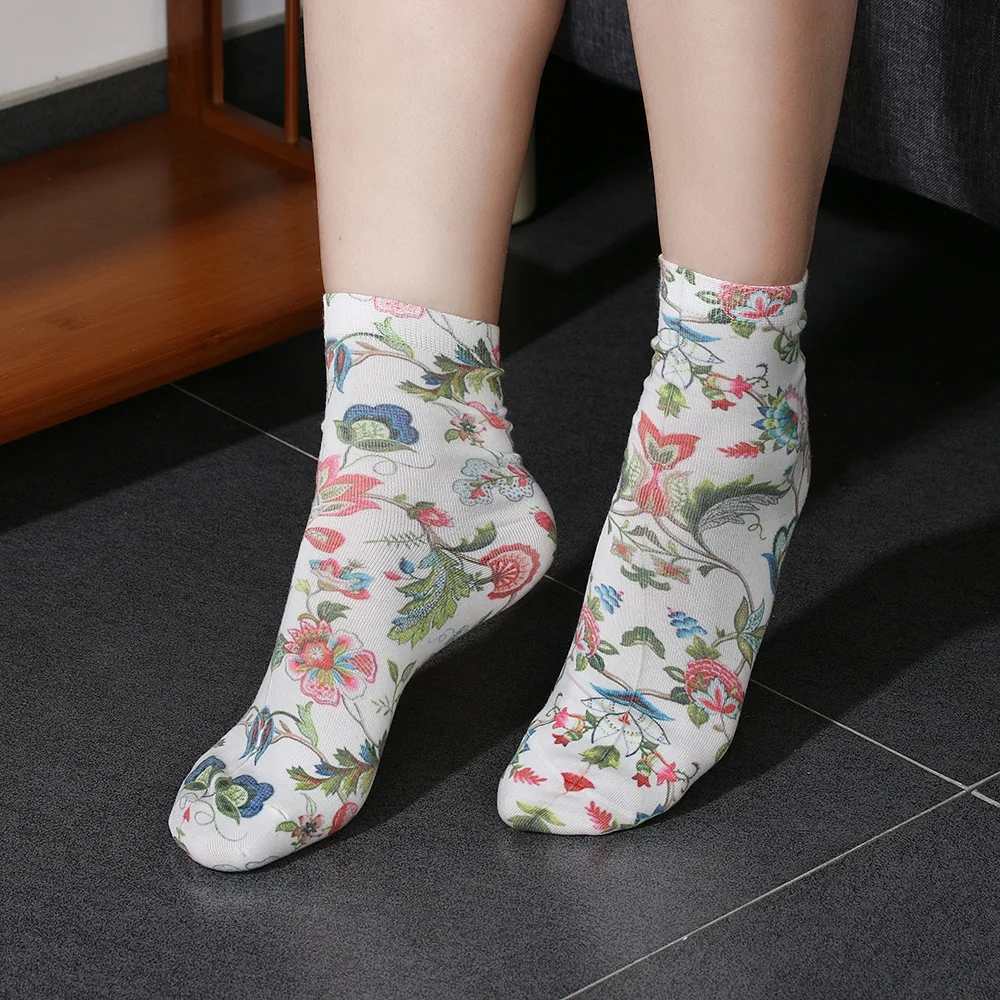 1 Pair Women Fashion Casual Retro Flower Printing Cotton Socks Spring ...