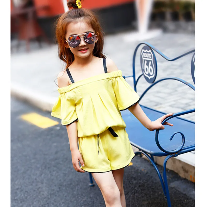 Girls Clothes Set Yellow Cotton Summer Shoulderless Big Girls Clothes ...