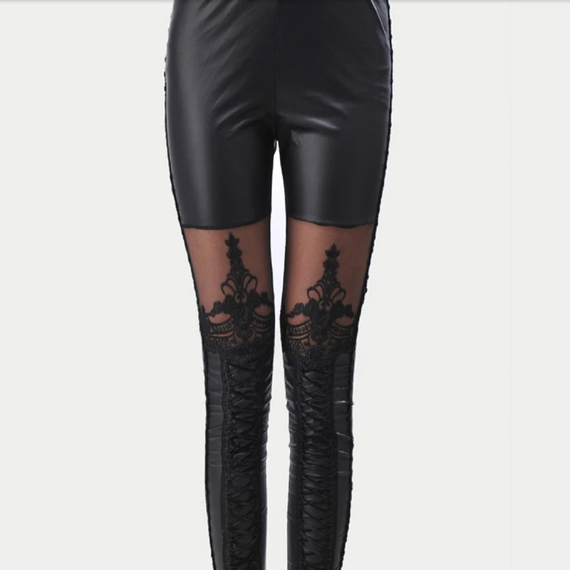 2018 Punk Black Faux Leather Gothic Lace Legging Sexy Embroidery Women