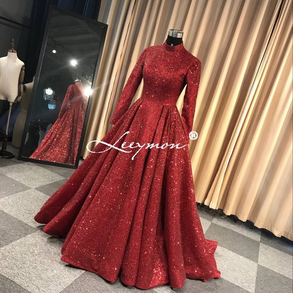 Robe De Soiree Glitter Shiny Evening Dress Full Sleeves Black Evening ...