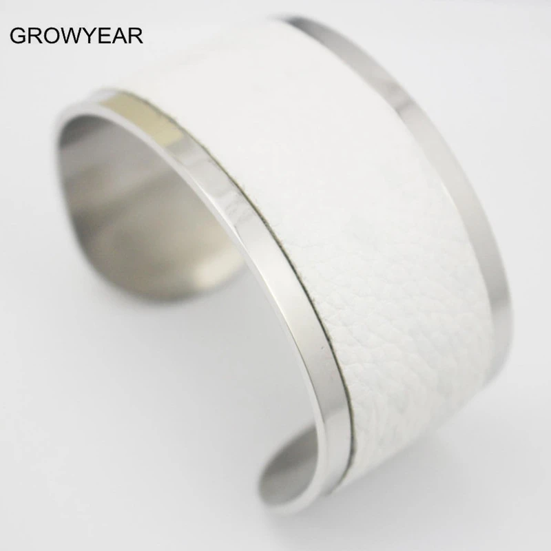 Fashion Jewelry White Leather Silver Color Stainless Steel Cuff Bangle ...