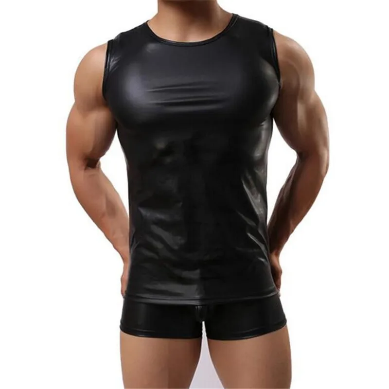 Mens Fashion Sexy Leather Vest Comfortable Round Neck Sleeveless Hot