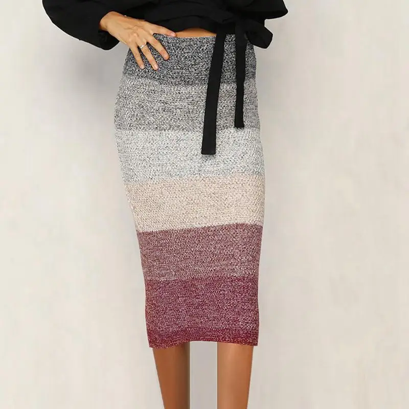 Sexy Mid Calf Slim Striped Skirts Women Elastic Waist Color Matching
