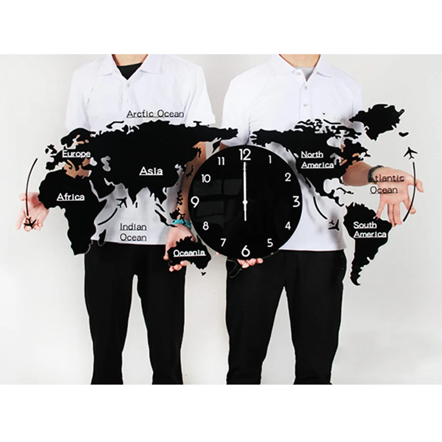 World Map Large Wall Clock Modern Design 3D Stickers Hanging Clock ...