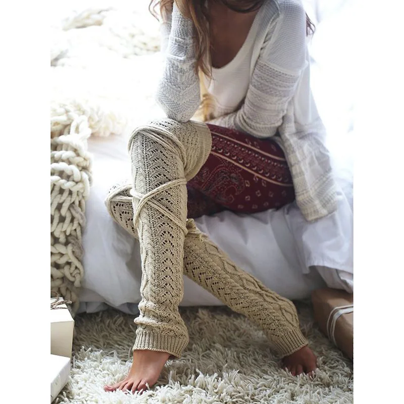 Women Knitted Woolen Stockings Autumn Winter Warm Bandage Hollow Out