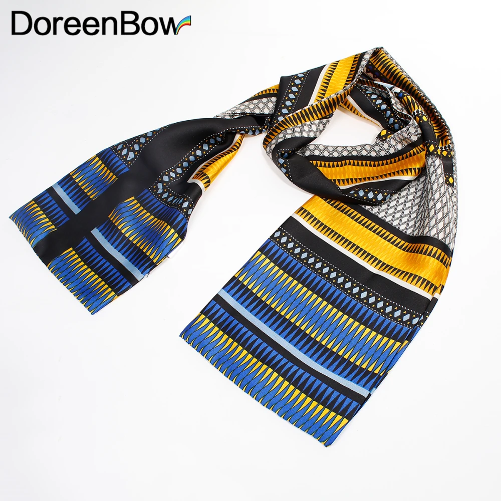 Doreenbow 실크 새로운 패션 여성 다채로운 인쇄 기하학적 패턴 스카프 노란색 스트라이프 숄 145x20 센치메터 1 개