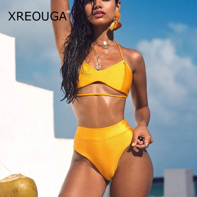 Xreouga Summer Yellow Bikinis Set For Female Beach Push Up Solid