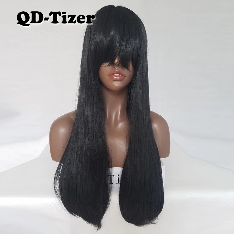 Qd Tizer Long Black Color Straight Hair Synthetic Glueless No Lace Wig