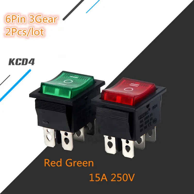 2PCS SC067 Red/Green led Button Switch KCD4 6 Pin 3 gear Rocker Switch ...