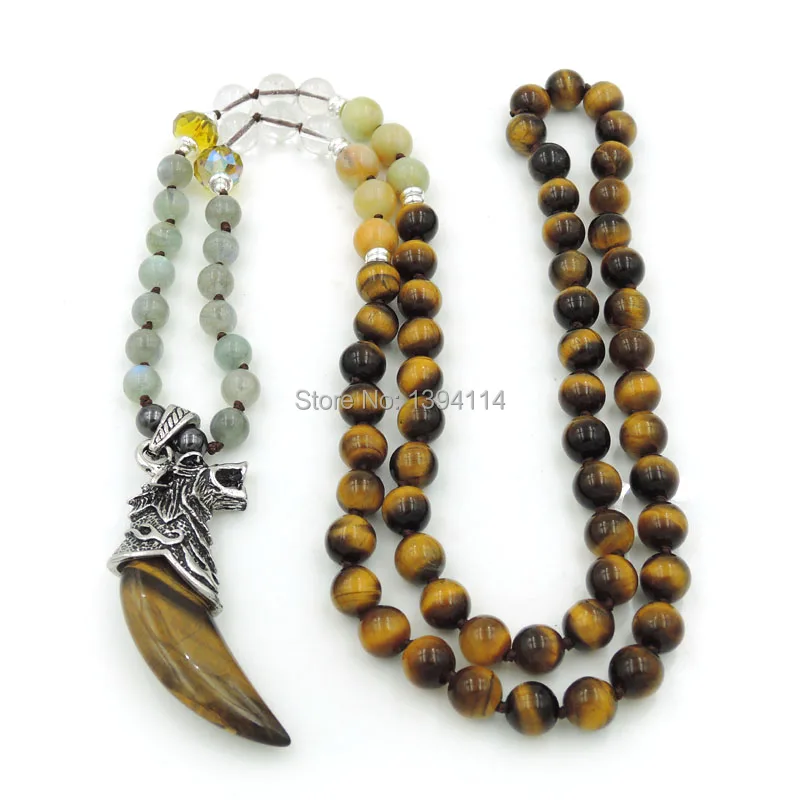 Mixed Stone Wolf Head Crescent Pendants Necklaces Natural Stone Round ...