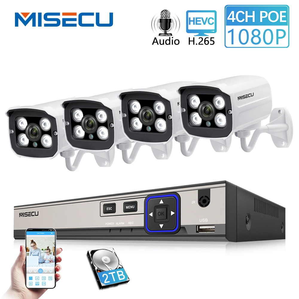 MISECU 4CH 1080 P red POE NVR Kit de grabación de Audio 2.0MP IP cámara exterior impermeable IR ...