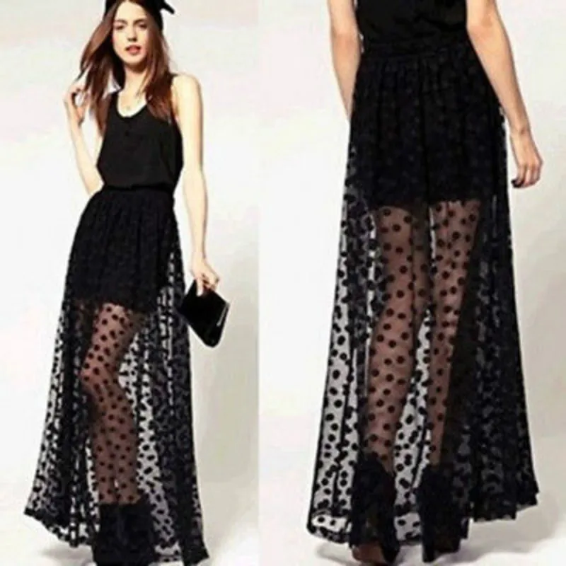 Sexy Womens Double Layer Lace Pleated Retro Elastic Waist Long Skirt