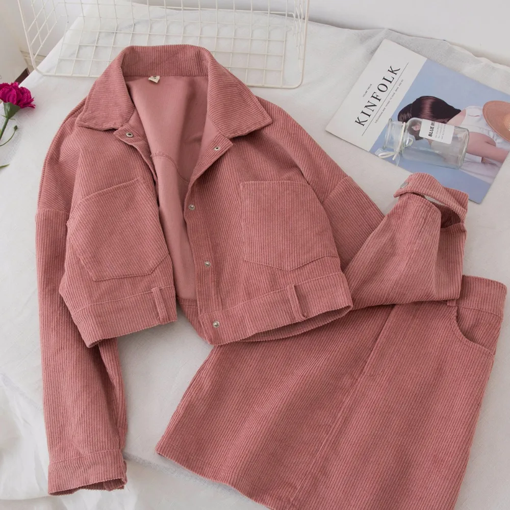 2018 new fashion women's two piece set ladies corduroy jacket coat ...