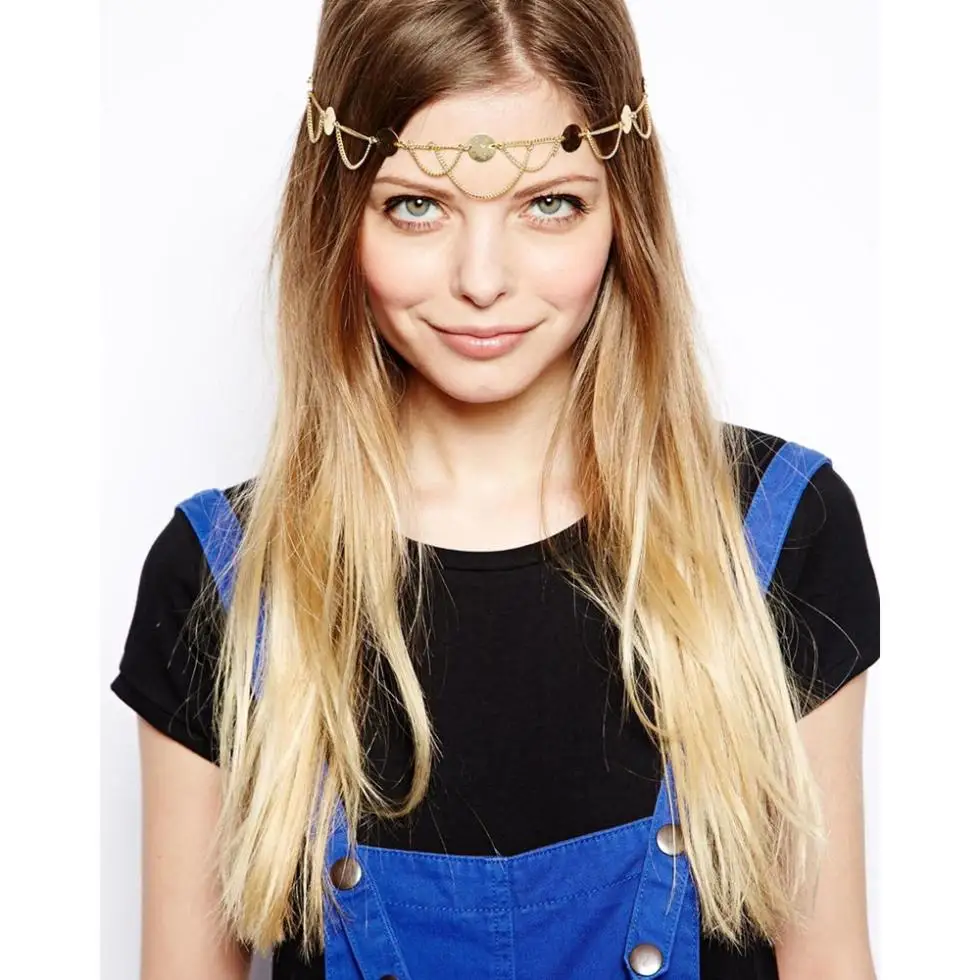 Boho Indian Hair head chain forehead Jewelry gold Tassel Coins headband ...