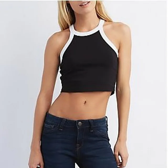Sexy Women High Neck Black Halter Cropped Tank Top Summer Sexy Sleeveless Fitness Short Crop Top ...