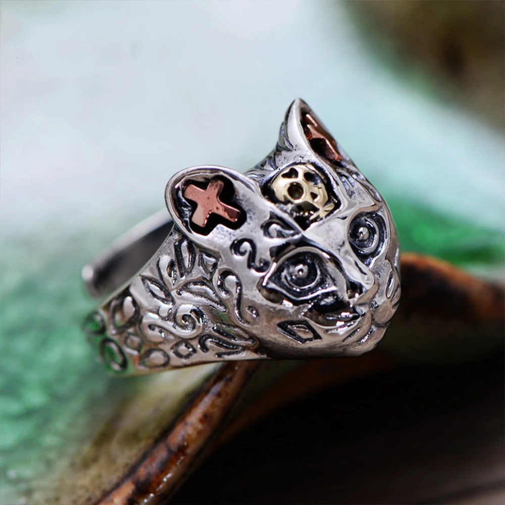 MetJakt Vintage Cute Cat Rings Solid 925 Sterling Silver Open Ring for ...