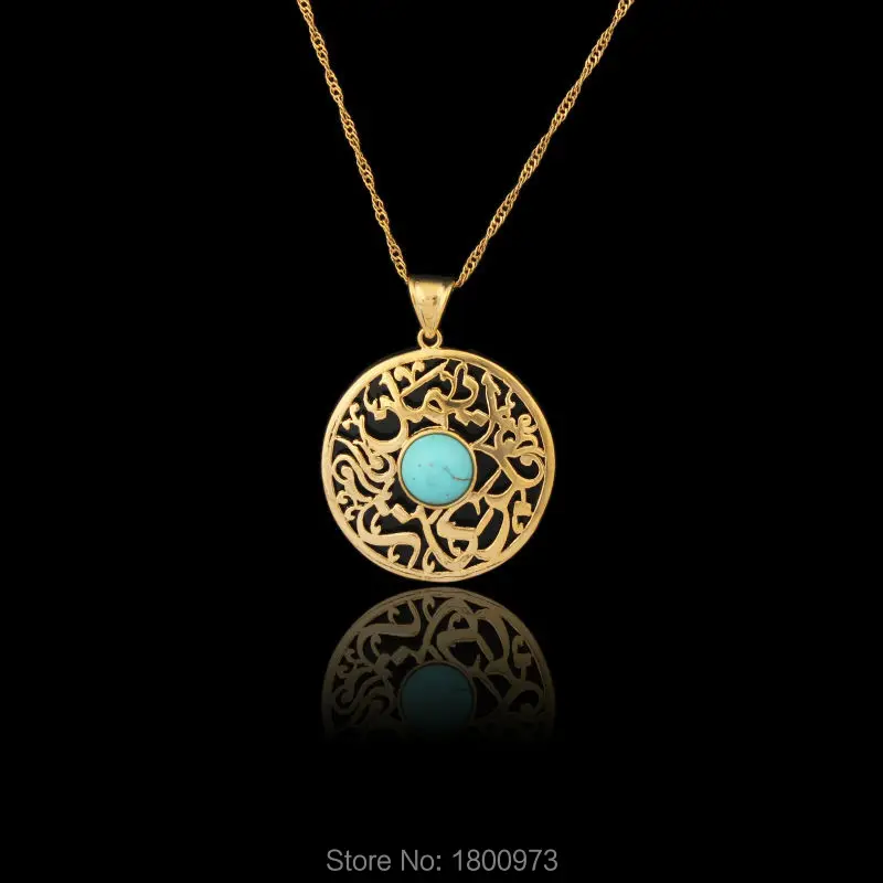 Turkey-stone-Stone-Blue-Pendant-Necklace-For-Women-Men-Gold-Color-Round ...