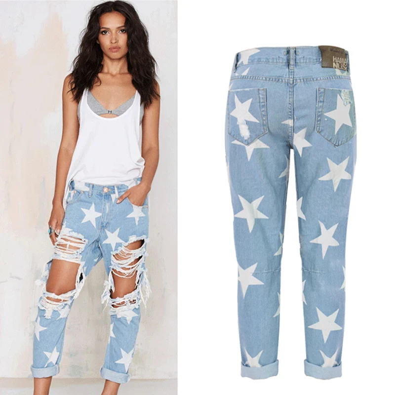 2017 Summer Big Hole Women Jeans With Five pointed Star Ripped Jeans ...