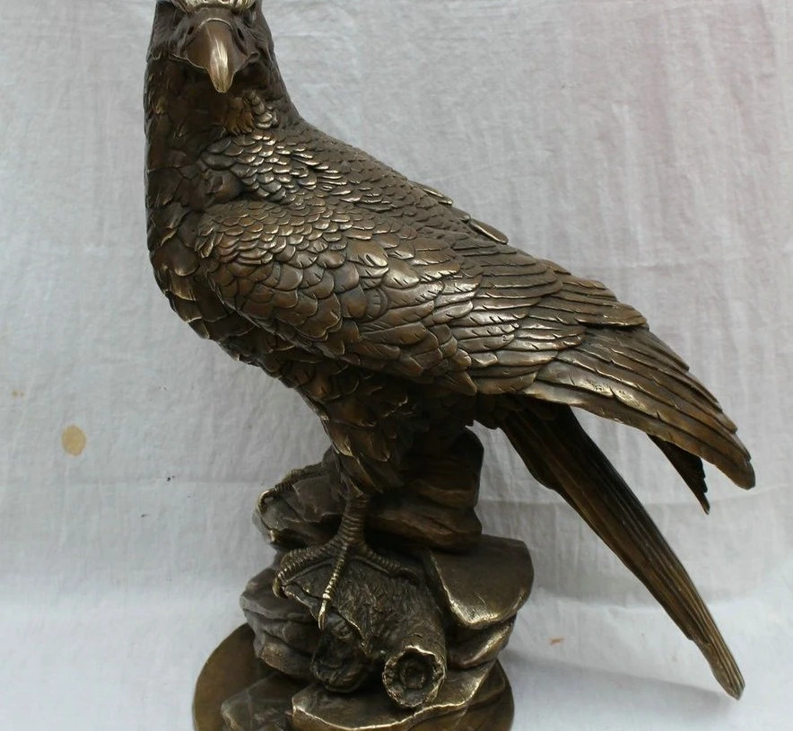 24" Chinese Bronze Copper Tercel Fly Bird Eagle Hawk Statue On Stone ...