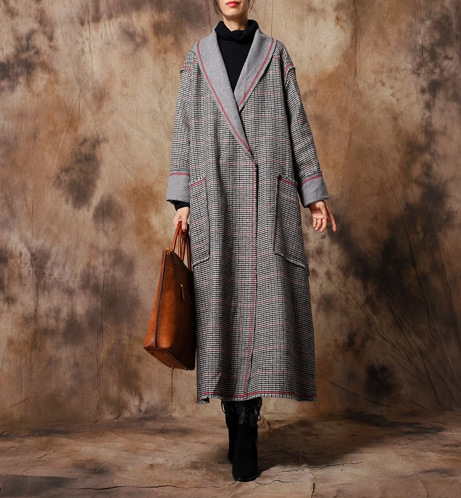 Women Winter Woollen Coat Outwear Ladies Plaid Pockets Loose Wool