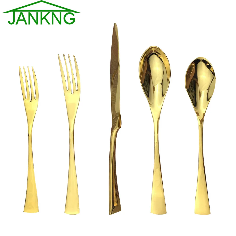 Jankng 5 피스 퓨어 골드 유럽 식기류 304 스테인레스 스틸 서양 칼 붙이 주방 음식 식기 스테이크 나이프 디너 세트