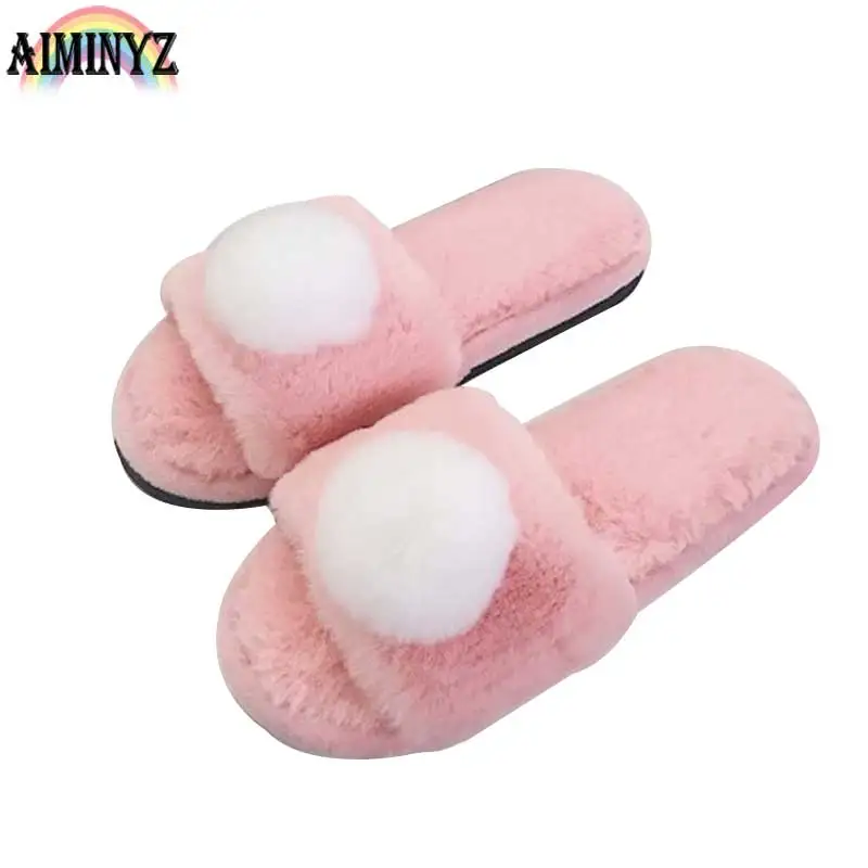 2018 Fashion Fluffy Ball Slippers Home Rubber Shoes Fur Women Slippers ...