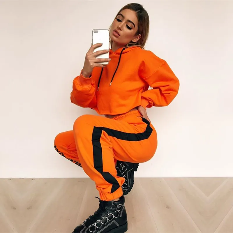 2019 Tracksuit 2pcs Women Set Hoodies Crop Top Sweatshirt Side Stripe