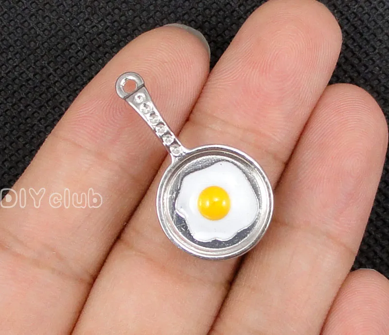 15pcs- Frying Pan Charms, Silver Tone 3d With Enamel Egg Frying Pan ...