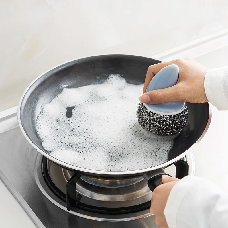Kitchen Pot Cleaning Brush Stainless Steel Wire Ball Plastic Handle ...