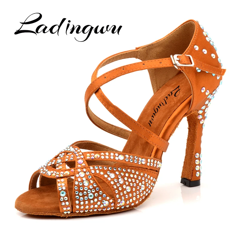 Ladingwu New Latin Dance Shoes Women New Laser Rhinestone Satin Salsa
