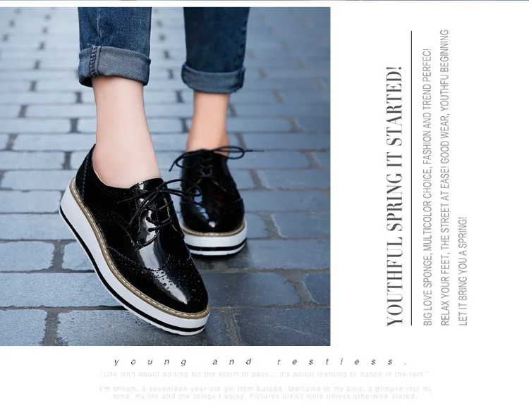Women Platform Oxfords Brogue Flats Shoes Leather Lace Up Pointed Toe ...
