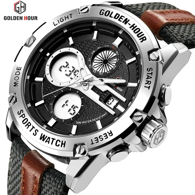 GOLDENHOUR Men Fashion Army Military Watch Mens Dual Display Waterproof ...