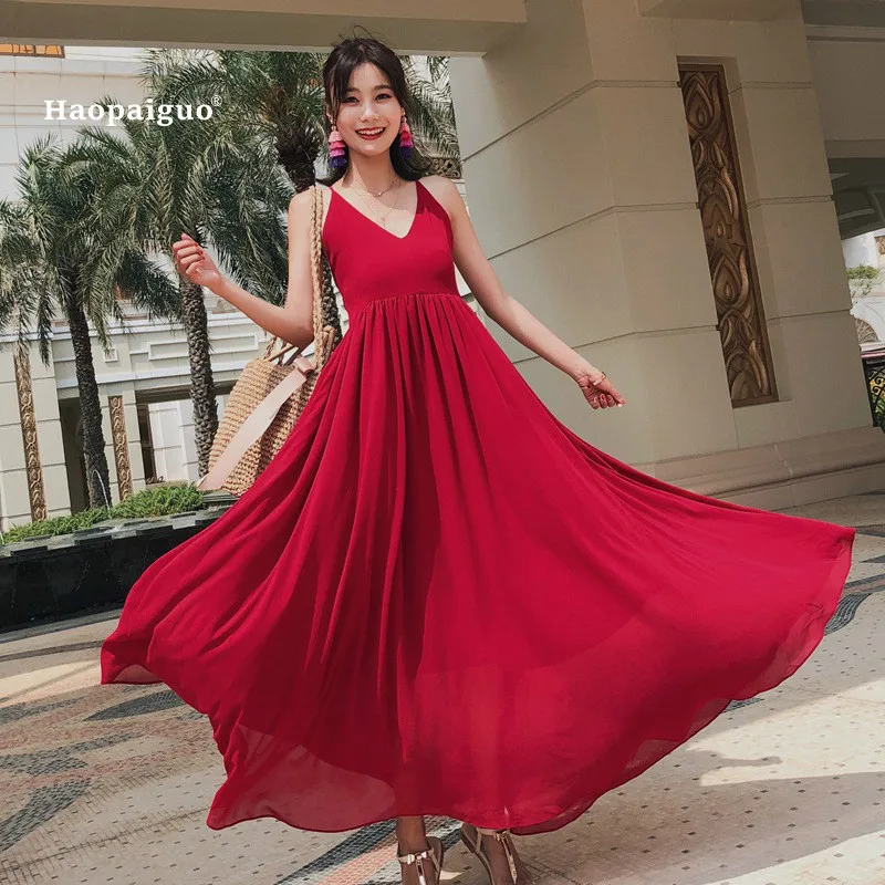 2018 Women Solid A line Dress Summer Red Sleeveless Spaghetti Strap V ...