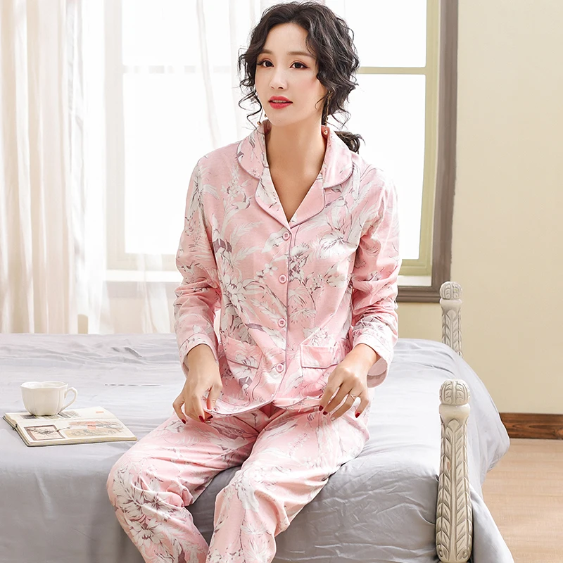 Pyjamas Women Spring Autumn New Pure Cotton Lapel Cardigan Pajamas for ...