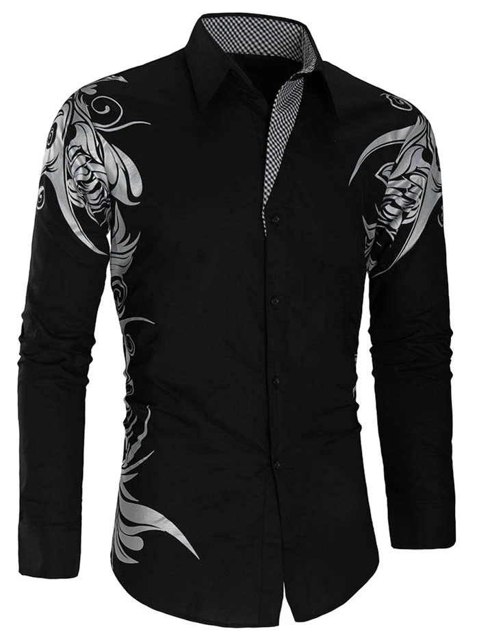 Check Panel Printed Long Sleeve Shirt Casual Flowers Shirts Plus Size ...