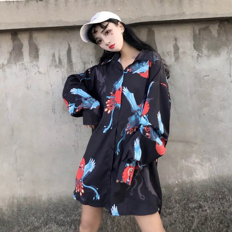 Neploe Japanese Print Blouse Tops 2019 Harajuku Long Shirt Long Sleeve