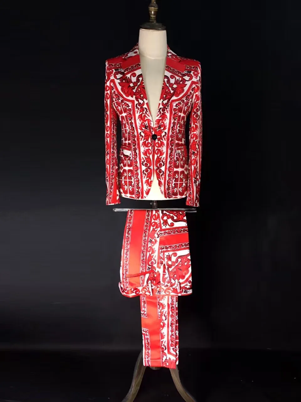 Fashion Male Red Slim Flower Print suit Costumes Men's Blazer Formal ...