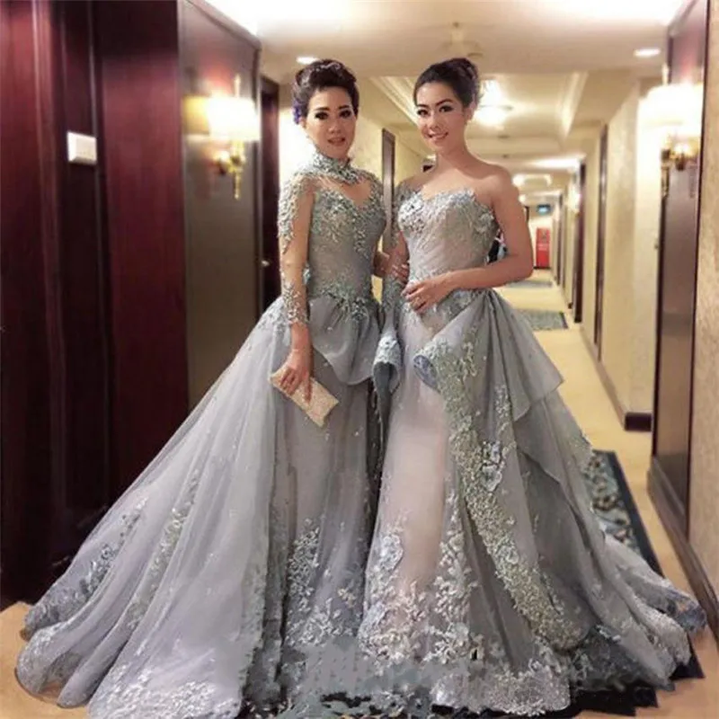 Elegant Grey Princess Ball Gown Evening Dresses High Neck Long Sleeve ...